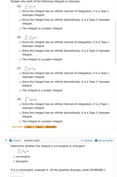 Solved Explain Why Each Of The Following Integrals Is Chegg Com