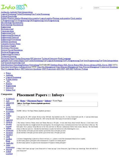 Infosys Placement Papers Infosys Test Paper Pattern Aptitude