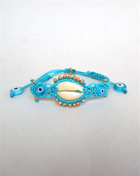 Cowrie Shell Macrame Bracelet Turquoise Evil Eye Boho Chic Jewelry