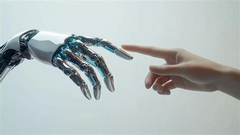 Human And Robot Hand Touching Symbolizing The Fusion Of Artificial