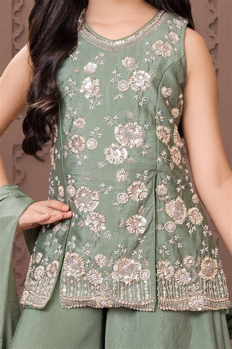 Mehendi Green Sequins Beads And Thread Work Palazzo Suit Set For Girl