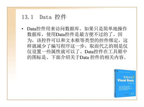 第13章 数据控件编程 Visual Basic为用户提供了多种访问数据库的方法。概括这些方法后，可以分为两大类。分别是：通过控件访问数据库和