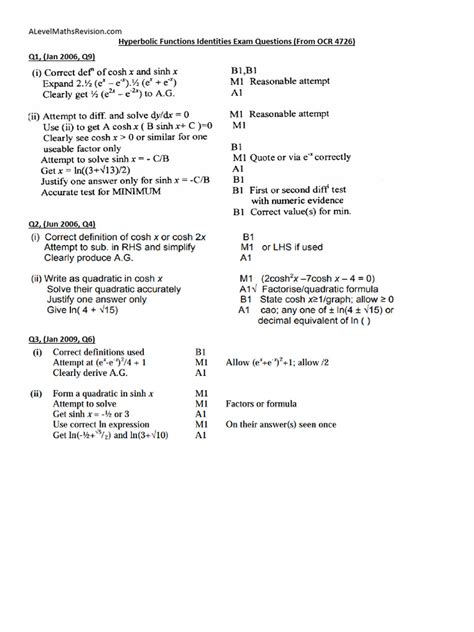y2 pure hyperbolic functions identities and equations exam questions ms