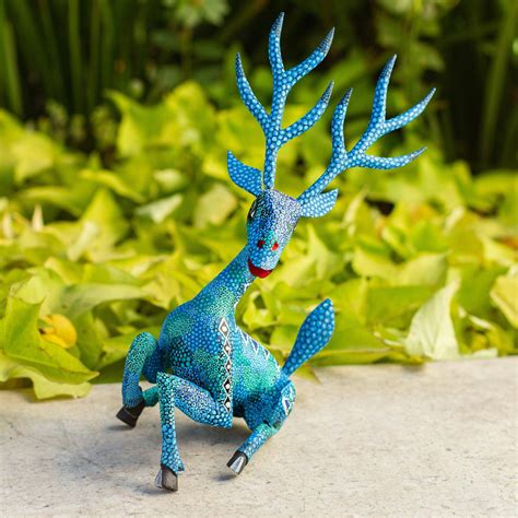 Unicef Market Hand Painted Wood Alebrije Deer Sculpture In Blue
