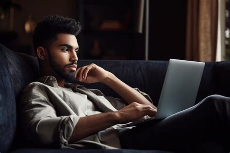 Premium Ai Image Shot Of A Young Man Using His Laptop While Relaxing On The Couch Created With