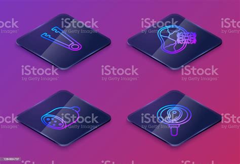 프라이팬에 이소메트릭 라인 고기 집게 살라미 소시지 신선한 냉동 스테이크 고기와 스테이크 고기를 설정합니다 파란색 정사각형 버튼 벡터 3차원 형태에 대한 스톡 벡터 아트 및