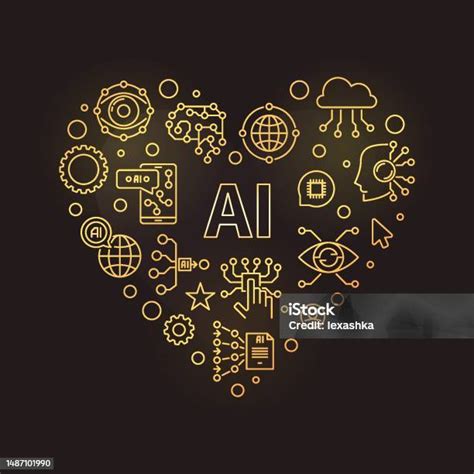 Ai 하트 선형 황금 배너입니다 벡터 하트 모양 I Love 인공 지능 일러스트레이션 개념에 대한 스톡 벡터 아트 및 기타