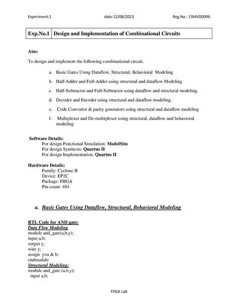 Verilog Code For Comb Circuits Exp No Design And