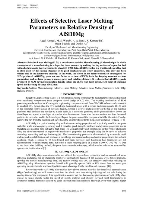 Pdf Effects Of Selective Laser Melting Parameters On Relative Density