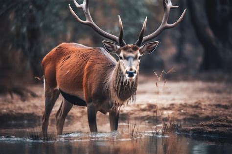 Premium Ai Image A Deer In A Pond With A Tree In The Background