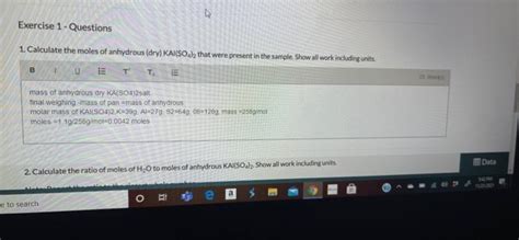 Exercise 1 Questions 1 Calculate The Moles Of Chegg
