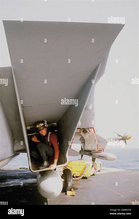 A Plane Captain Inspects The Left Engine Intake Of An F 14a Tomcat