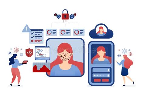 Vector Illustration Of Women Using Facial Recognition And Biometric Security Technology To Log
