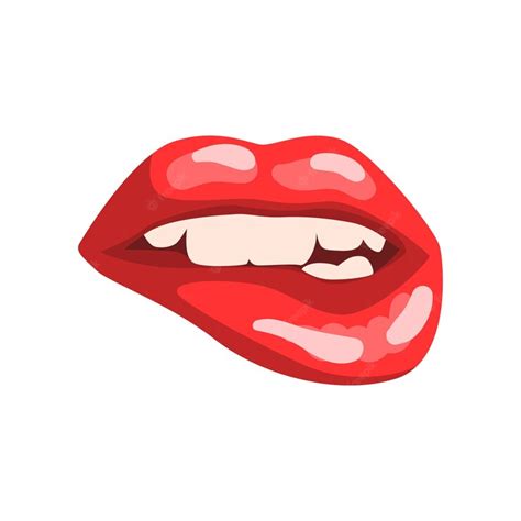 Premium Vector Red Female Mouth With White Teeth Biting Glossy Lips