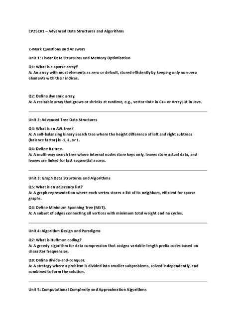 Cp25c01 Advanced Data Structures And Algorithms Qanda Units 1 5 Overview