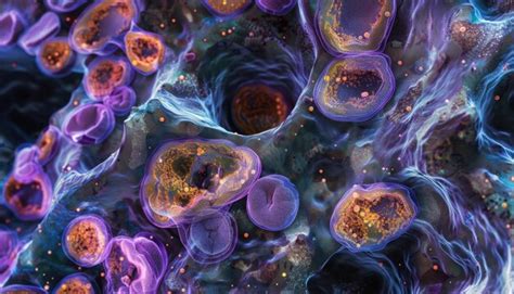 Colorful Microscopic View Of Cells Revealing Intricate Structures In A Biological Sample Under A