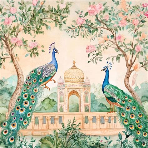 Illustration Of Peacock In Traditional Garden Premium Ai Generated Image