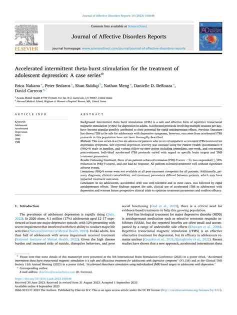 Pdf Accelerated Intermittent Theta Burst Stimulation For The Treatment Of Adolescent
