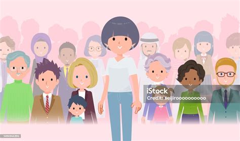 많은 사람들 앞에 서 있는 티셔츠 맙소사한 머리 여자 세트 T 셔츠에 대한 스톡 벡터 아트 및 기타 이미지 T 셔츠 공동체