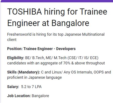 Toshiba Recruitment Hiring Trainee Engineer BE B Tech ME M Tech Bangalore LPA