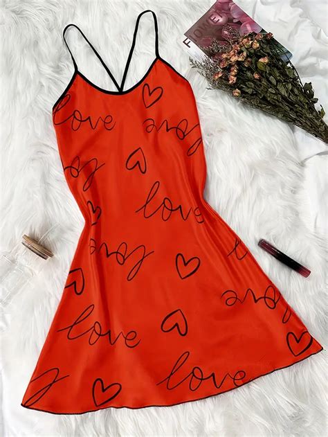 Heart Print Nightdress Elegant Scoop Neck Criss Cross Back Temu