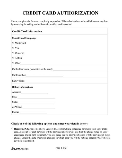 Generic Credit Card Authorization Form Template