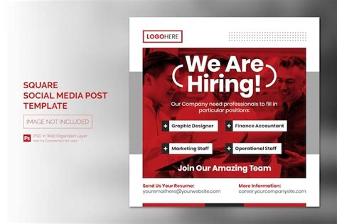 우리는 채용 공석 광장 배너 또는 소셜 미디어 게시물 템플릿 프리미엄 Psd 파일