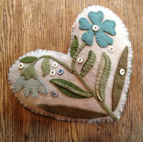 Wool Applique Heart With Flowers And Leaves