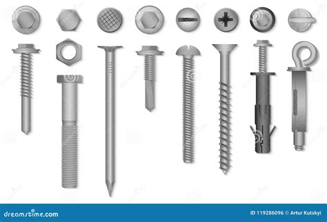 Realistic 3d Vector Screws Nuts Bolts Rivets And Nails For Fastening