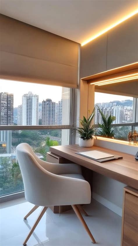 Cozy Home Workspace With Wooden Desk And City View In A Tranquil Corner During Sunset Hours