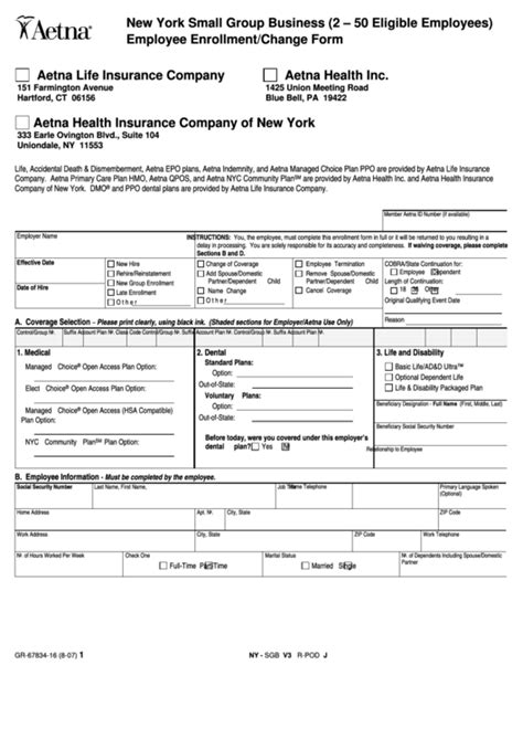 Fillable Form Gr 67834 16 Employee Enrollment Change Form Aetna