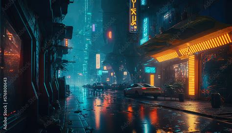Street Of Futuristic Cyberpunk Digital High Tech City With Neon Lights