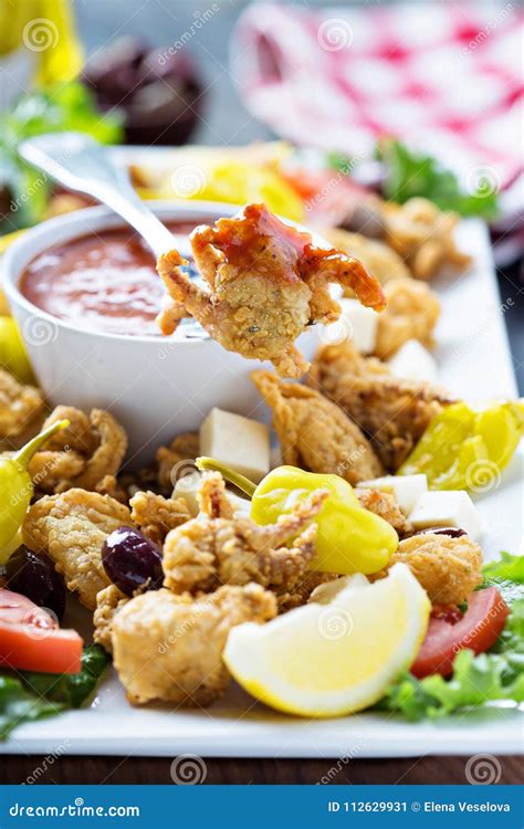 Fried Calamari With Marinara Sauce Stock Image Image Of Board Dish