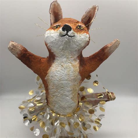Ballerina Fox Folk Art Paper Mache Sculpture Handmade Dancing Fox On Stand Etsy
