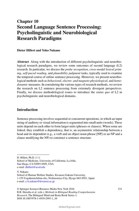 Pdf Second Language Sentence Processing Psycholinguistic And Neurobiological Research Paradigms