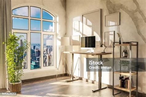 일광 시내 스카이라인 사무실에 있는 현대적인 스탠딩 데스크 Pc 작업장 가정 장식 Desing 및 홈 오피스 개념 3d 일러스트레이션 0명에 대한 스톡 사진 및 기타 이미지