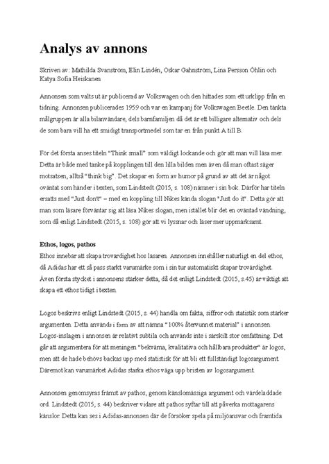 Analys Av Volkswagenannons Gruppuppt 2 Studocu