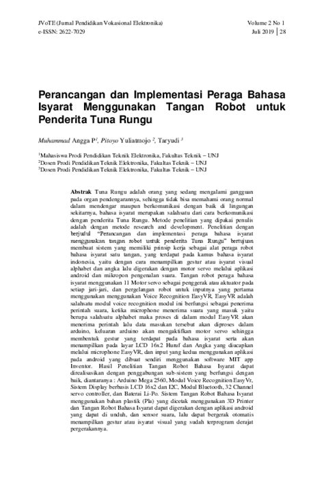 Pdf Perancangan Dan Implementasi Peraga Bahasa Isyarat Menggunakan