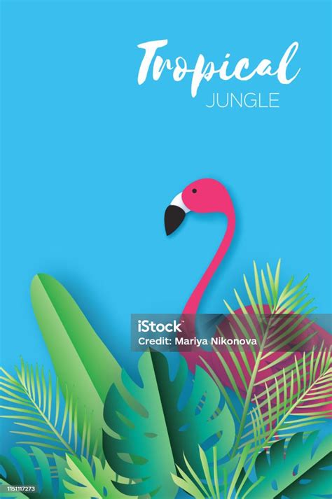 유행 여름 열 대 야자수 잎 식물 종이 컷 스타일 플라밍고 이국적인 하와이 여름 텍스트에 대 한 공간입니다 녹색 정글 꽃 배경입니다 몬스 테라 바나나 손바닥 벡터 종이접기에