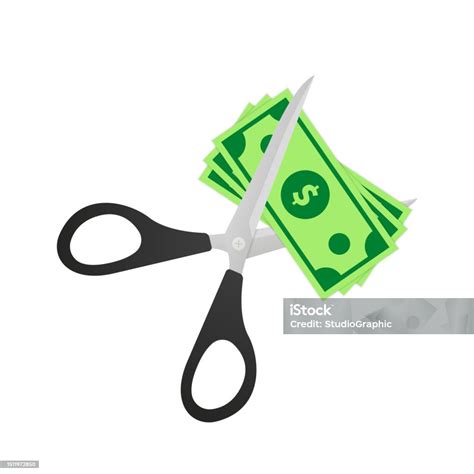 플랫 스타일로 돈 벡터를 자르는 가위 가격 비용 절감 또는 가격 인하 아이콘 개념입니다 플랫 스타일로 돈을 줄입니다 달러 기호가
