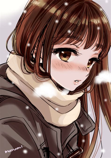 Safebooru 1girl Bangs Blush Breath Brown Eyes Brown Hair Brown Scarf