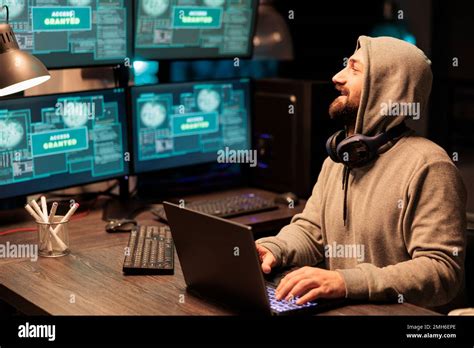 It Male Hacker Using Computer To Break System Firewall Hacking Security Server Dangerous Thief
