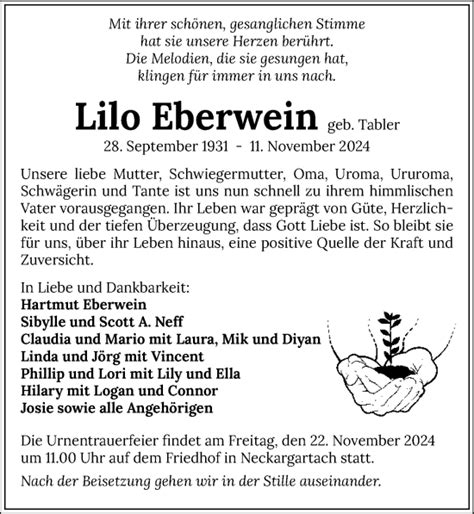 Traueranzeigen Von Lilo Eberwein Trauerundgedenken De