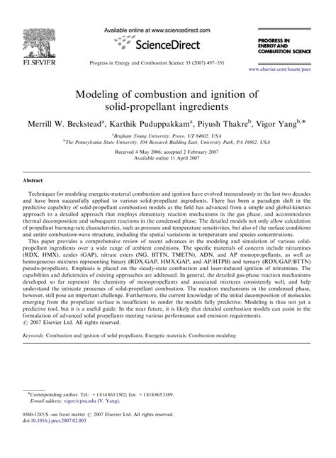 Pdf Modeling Of Combustion And Ignition Of Solid Propellant Ingredients