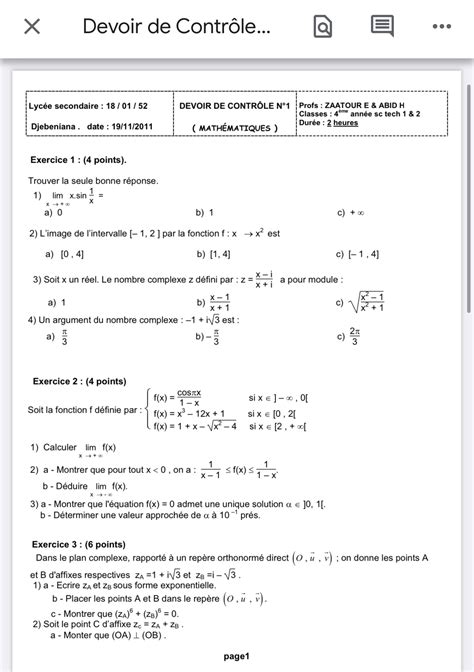 Exemple 1 Devoir de Contrôle N1 Math Bac Technique avec correction