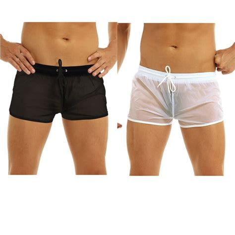 Mens See Through Mesh Shorts Swim Trunks Drawstring Boxer Briefs