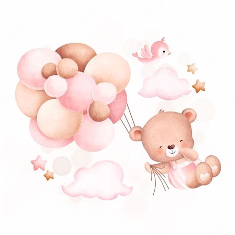 Ilustración acuarela lindo bebé oso volando con globos Vector Premium