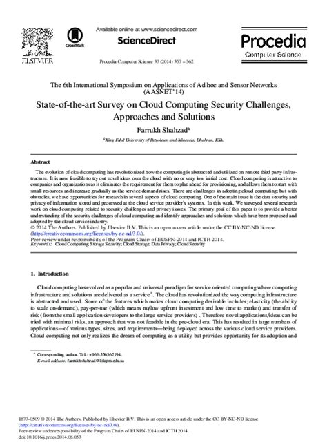 Pdf State Of The Art Survey On Cloud Computing Security Challenges Approaches And Solutions