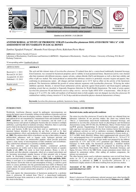 Pdf Antimicrobial Activity Of Probiotic Strain Lactobacillus Plantarum Isolated From Shaa And