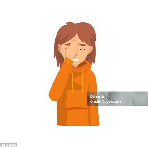 젊은 여자 손으로 그녀의 얼굴을 덮고 다스 소녀 만들기 Facepalm 제스처 수치 두통 실망 부정적인 감정 벡터 일러스트